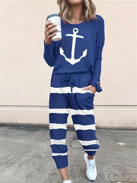 플러스 사이즈 캐주얼 의상 세트 여성용 플러스 앵커 프린트 긴 소매 크루넥 티셔츠 조깅 의상 2피 Temu Korea