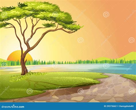 A River And A Tree Stock Illustration Illustration Of Plant