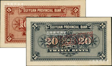 民国十七年（1928年）绥远平市官钱局壹角、贰角仅背面样本券共2枚不同，江南藏家出品，九八成新 江南藏韵·中国纸币 拍卖结果 上海阳明拍卖有限公司 中国纸币 老股票与债券 文献史实