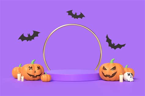 해피 할로윈 배경입니다 사실적인 3d 디자인 연단 둥근 스튜디오 오렌지 호박 얼굴에 감정 무서운 미소 박쥐가 날아간다 크리에이티브 배너 웹 포스터3d 렌더링 2023년에