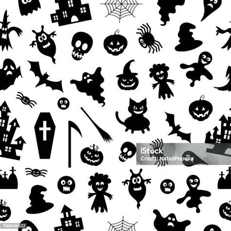 추상 패턴 원활한 벡터 패턴 배경입니다 흰색 배경에 할로윈의 실루엣의 집합입니다 직물 종이 웹 배너 배경 화면으로 적합합니다 10월에 대한 스톡 벡터 아트 및 기타 이미지