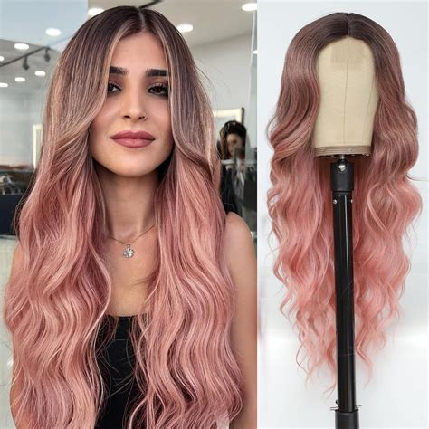 Nayoo Long Wavy Wigs For Women Middle Part Ombre Pink Wig