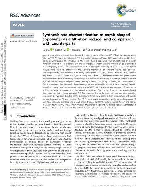 Pdf Synthesis And Characterization Of Comb Shaped Copolymer As A Filtration Reducer And