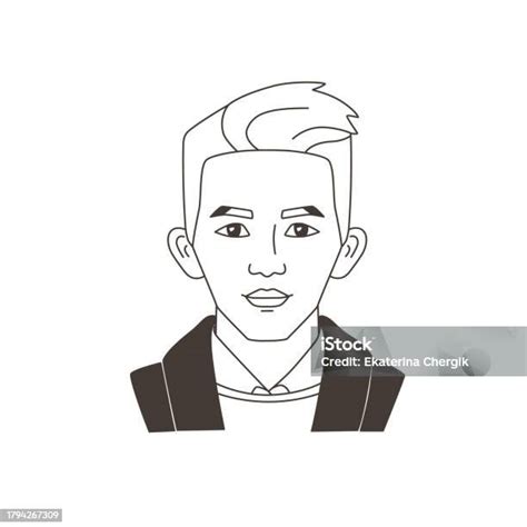 낙서 손으로 그린 스타일에 아시아 남자의 초상화 얘들 아바타 얼굴 머리 스케치 선 디자인 개요 간단한 벡터 그림입니다 귀여운에