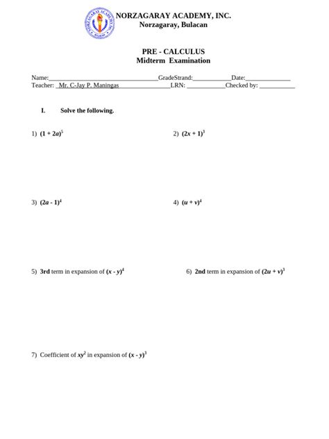 Pre Calculus Midterm Examination Pdf