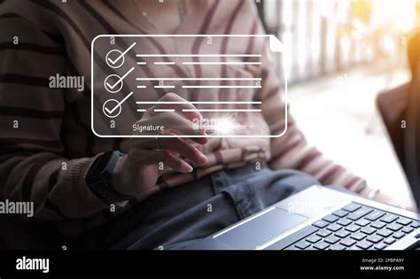 Electronic Signature Concept Electronic Signing Of Digital Documents On Virtual Laptop Screen