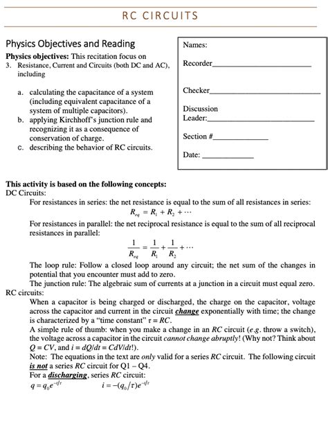 Solved RC CIRCUITS Names Physics Objectives And Reading Chegg Com