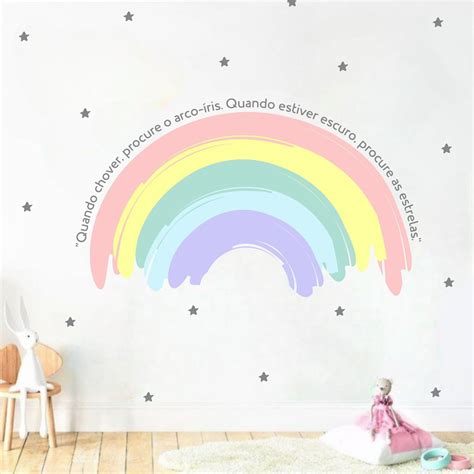 Adesivo De Parede Arco íris Frase Chuva Estrelas Candy Color
