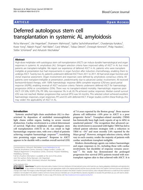 Pdf Deferred Autologous Stem Cell Transplantation In Systemic Al Amyloidosis