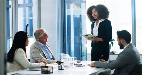Business People Presentation And Woman In Meeting Tablet And