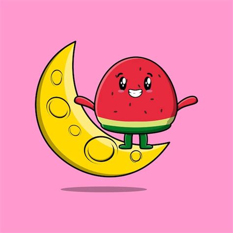3d 현대적인 디자인 일러스트레이션으로 초승달 위에 서 있는 귀여운 만화 수박 캐릭터 프리미엄 벡터