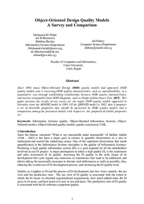 Pdf Object Oriented Design Quality Models A Survey And Comparison