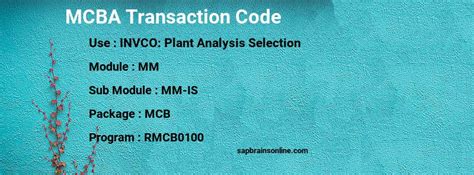 MCBA SAP Tcode For INVCO Plant Analysis Selection