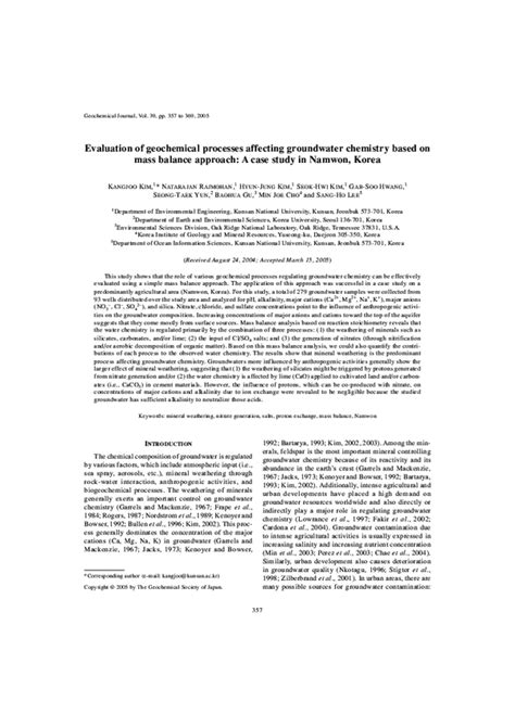 Pdf Evaluation Of Geochemical Processes Affecting Groundwater Chemistry Based On Mass Balance