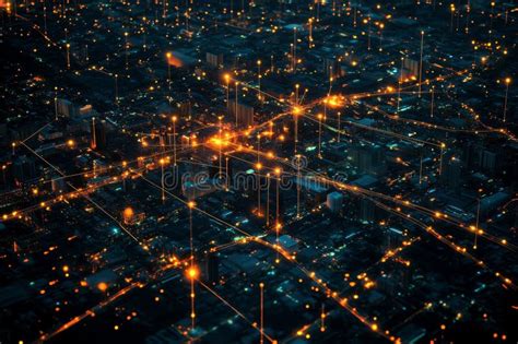 Isometric Data Visualization With Connection Points Over A Cityscape At