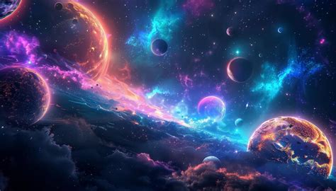 많은 행성과 별들이 있는 다채로운 은하계 프리미엄 Ai 생성 이미지