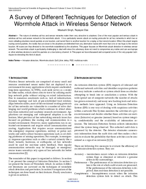 Pdf A Survey Of Different Techniques For Detection Of Wormhole Attack
