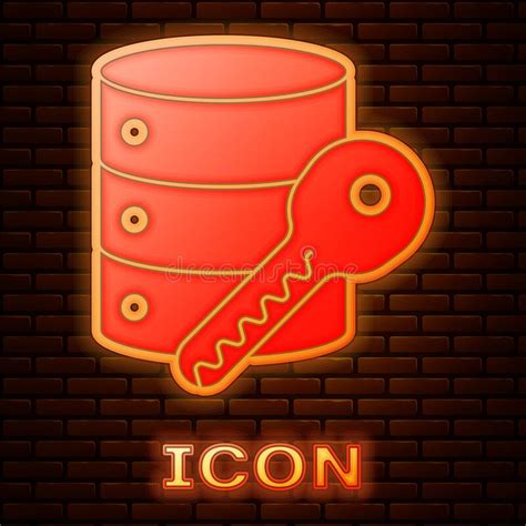 Glowing Neon Server Security With Key Icon Isolated On Brick Wall