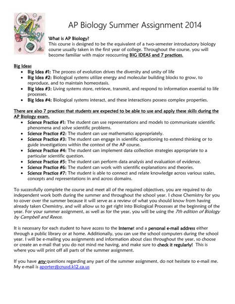 Ap Biology Summer Assignment 2014