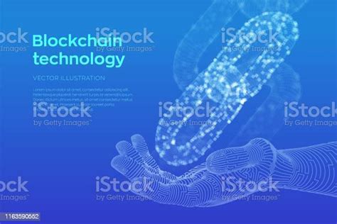 블록 체인 암호화 통화 블록 체인 개념 로봇 손에 디지털 블록이있는 3d 와이어 프레임 체인 편집 가능한 암호 화폐 템플릿 스톡 벡터 일러스트레이션입니다 0명에 대한 스톡