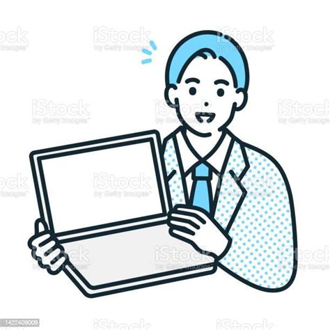 개인용 컴퓨터를 손에 들고 설명을 하는 사업가 벡터 일러스트 레이 션 재료 Brand Name Online Messaging Platform에 대한 스톡 벡터 아트 및 기타