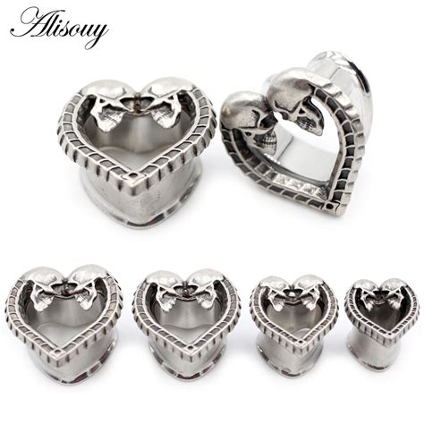 Alisouy 2pcs 새로운 트렌디 한 스테인레스 스틸 하트 해골 머리 귀 피어싱 터널 Expanders 바디 쥬얼리 귀걸이