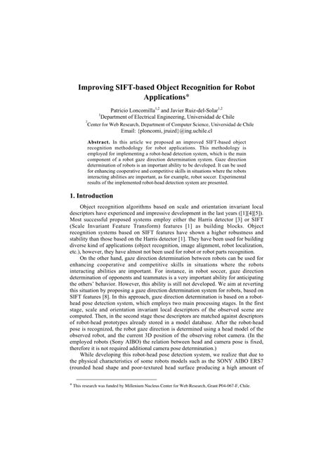 Pdf Improving Sift Based Object Recognition For Robot Applications