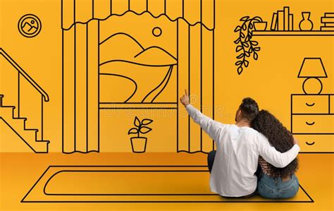 Man And Woman Hugging Over Yellow Background With Interior Sketch Stock Image Image Of