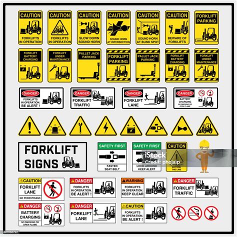 공급 산업에 사용 지게차 리프트 트럭 지게차 작업 표지판 안전 주의 표지판 및 기호 지게차 작업의 설정 표지판에 대한 스톡 벡터 아트 및 기타 이미지 Istock