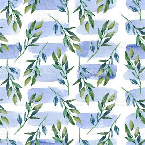 수채화 손으로 그린 추상적 인 파란색 브러시 스트로크 얼룩과 나뭇잎 그림 흰색 배경에 고립 된 원활한 패턴 기하에 대한 스톡 벡터 아트 및 기타 이미지 Istock