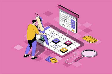 3d 아이소메트릭 디자인의 모바일 주최자 웹 개념 남자는 캘린더에서 회의를 표시하고 메모를 작성하고 미리 알림을 설정하고 앱에서