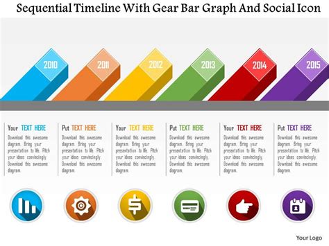 sequential timeline with gear bar graph and social icon flat powerpoint