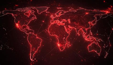 World Map Illuminated In Red With Digital Connections Visible Across Continents At Night