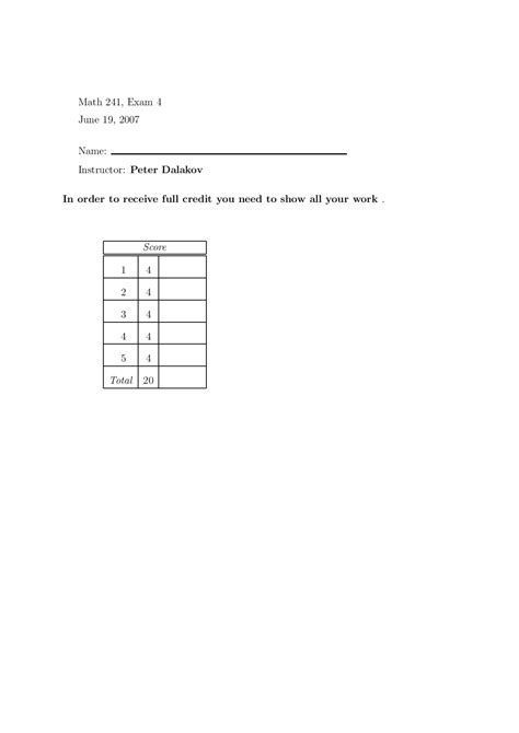 5 Questions For Calculus Iv With Answers Exam 4 Math 241 Docsity
