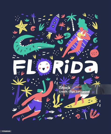 플로리다 해안 여름 레스트 플랫 벡터 일러스트레이션입니다 주 이름 자유형 문자입니다 휴가 휴가 엔터테인먼트 해변 활동 휴식 사람들 만화 캐릭터 레저 컨셉 플로리다 미국에