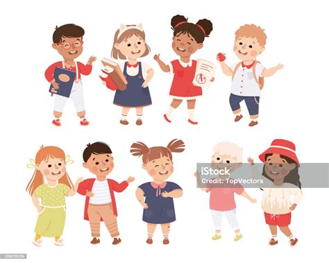 어린 소년과 소녀가 서서 서로 이야기하고 친절한 의사 소통 벡터 세트에 종사합니다 개체 그룹에 대한 스톡 벡터 아트 및 기타 이미지 개체 그룹 남성 말하기 Istock