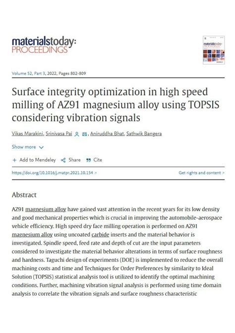Pdf Surface Integrity Optimization In High Speed Milling Of Az91 Magnesium Alloy Using Topsis