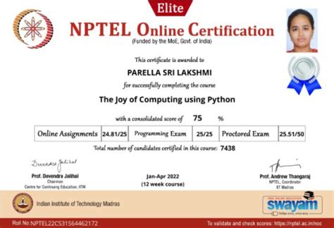 Earned Nptel Online Certification For Python Sri Lakshmi Parella