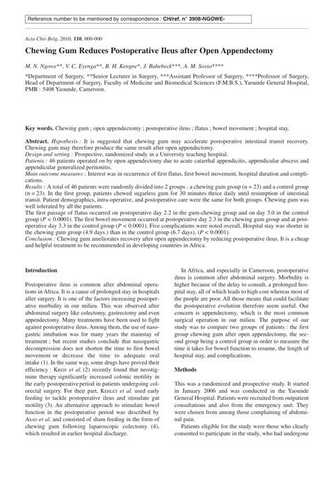 Pdf Chewing Gum Reduces Postoperative Ileus After Open Appendectomy