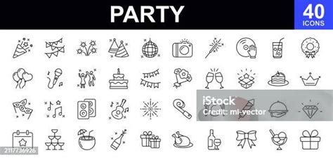 파티 축하 행사 라인 아이콘 축하 기념일 파티 축하 케이크 선물 색종이 조각 칵테일 기타 풍선 불꽃 놀이 파티 디스코 볼 등의 아이콘이 포함 0명에 대한 스톡 벡터 아트 및