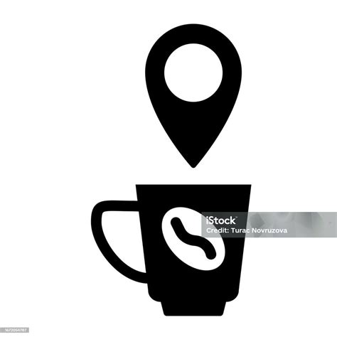 위치 솔리드 아이콘이 있는 커피 한 잔 머그잔과 콩 기호가 있는 지도 핀 흰색 배경에 글리프 스타일 픽토그램 카페인 또는 카페 사인 모바일 컨셉 웹 디자인 벡터 그래픽