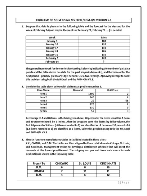 Problems To Solve Using Excel Pom Pdf Economies