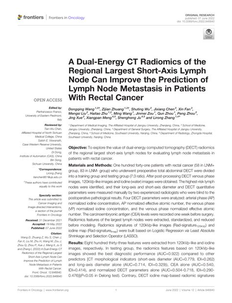 Pdf A Dual Energy Ct Radiomics Of The Regional Largest Short Axis