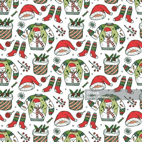 낙서 못생긴 크리스마스 스웨터 파티 벡터 Xmas 홀리데이 원활한 패턴 초대장에 대한 스톡 벡터 아트 및 기타 이미지 초대장