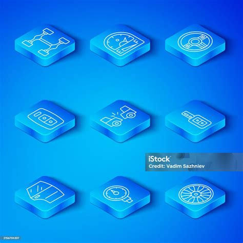 라인 자동차 도어 사고 타이어 압력 게이지 리모컨이 있는 키 스티어링 휠 섀시 자동차 및 아이콘용 합금을 설정합니다 벡터 3차원 형태에 대한 스톡 벡터 아트 및 기타 이미지