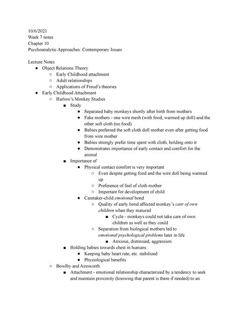 Week 7 Notes Psychoanalytic Approaches To Personality Psychology Object Relations Theory Early