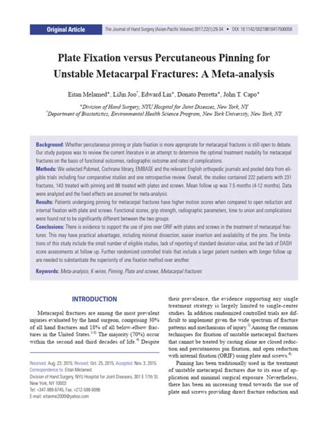 Metacarpal Fracture Plating Vs Pinning Metaanalysis Pdf Meta