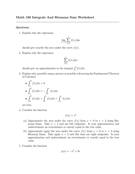 Math 190 Integrals And Riemann Sum Worksheet