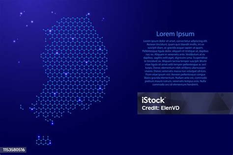 한국 지도 미래의 육각형 모양 라인 포인트 블루와 노드에 빛나는 별 배너 포스터 인사말 카드에 대 한 벌집 또는 분자 구조의 형태 벡터 일러스트입니다 0명에 대한 스톡 벡터