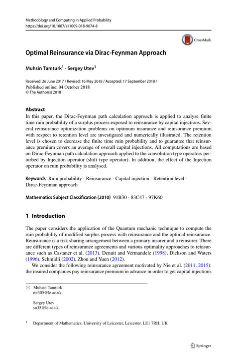 Pdf Optimal Reinsurance Via Dirac Feynman Approach